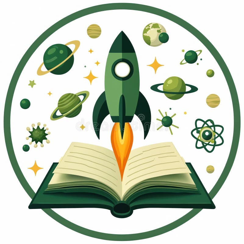 Illustration of Open Book with Rocket Launch, Science Icons in Green. Rocket Flies Up from Pages ...