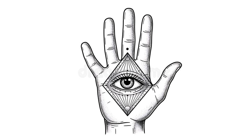 An Illustration of an Open Palm Features a Detailed, Realistic Eye ...