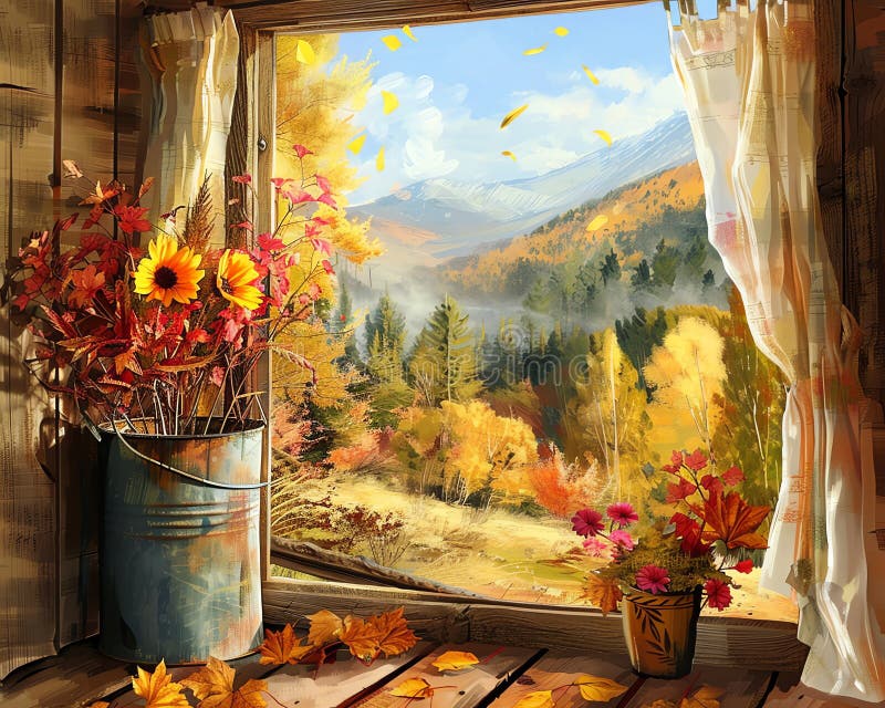 Illustration of an Open Window Showing a Beautiful Autumn Landscape ...