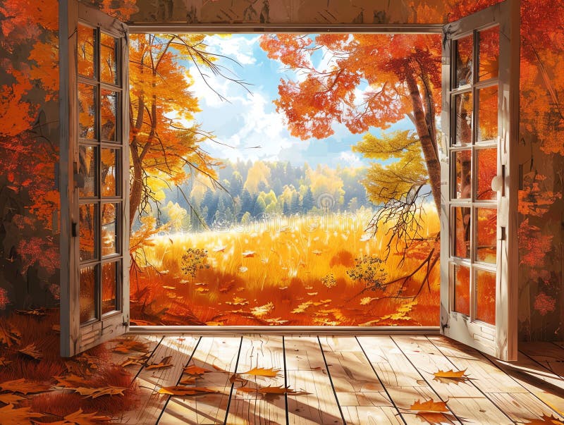 Illustration of an Open Window Showing a Beautiful Autumn Landscape ...
