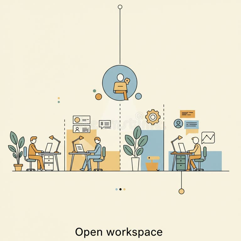 Illustration of an Open Workspace Featuring Stylized Figures Working at ...