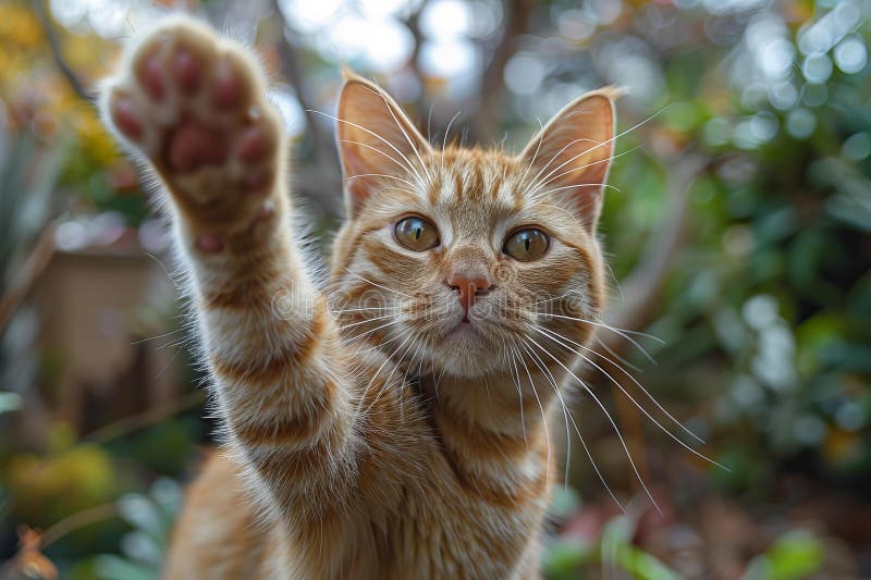 An Orange Colored Cats with One Paw Raised, High Quality, High ...
