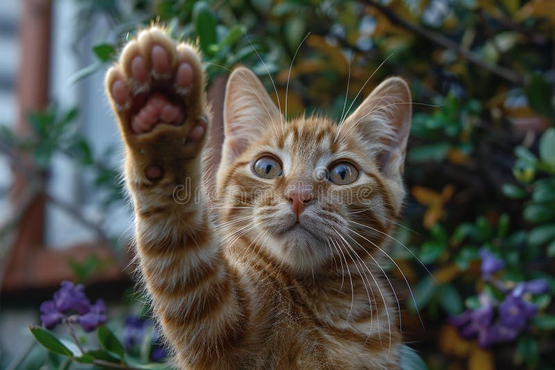 An Orange Colored Cats with One Paw Raised, High Quality, High ...