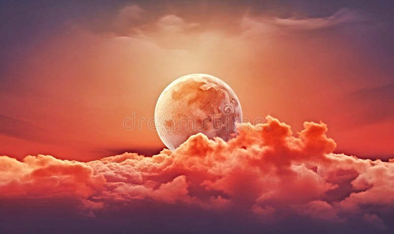 Illustration, Orange Moon in the Clouds, Backlit Stock Image - Image of ...