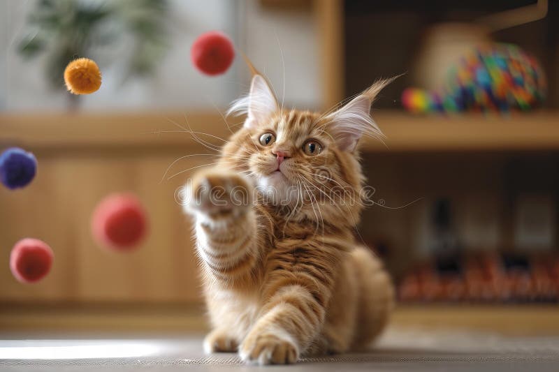 Illustration of Orange Tabby Cat Reaching for a Toy, High Quality, High ...