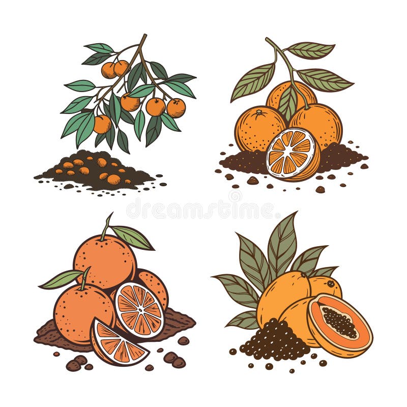 Illustration of an Orange Tree Branch and Fallen Fruit Stock Vector ...