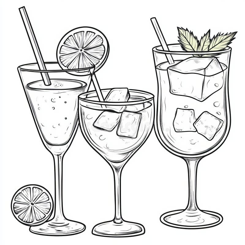 Illustration with an Outline of Hand-drawn Different Cocktails Stock ...