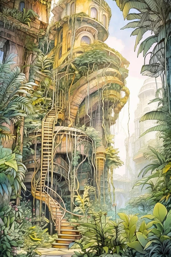 Illustration of Overgrown Building of Ancient Civilization in the ...