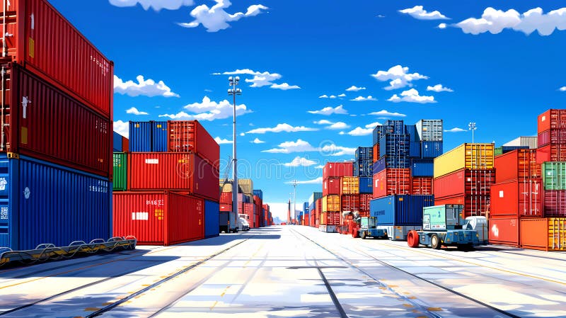 Illustration Overlooking a Commercial Port and Cargo Containers Stock ...