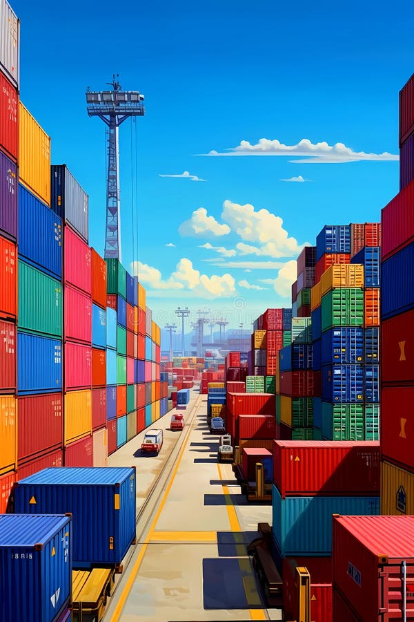 Illustration Overlooking a Commercial Port and Cargo Containers Stock ...