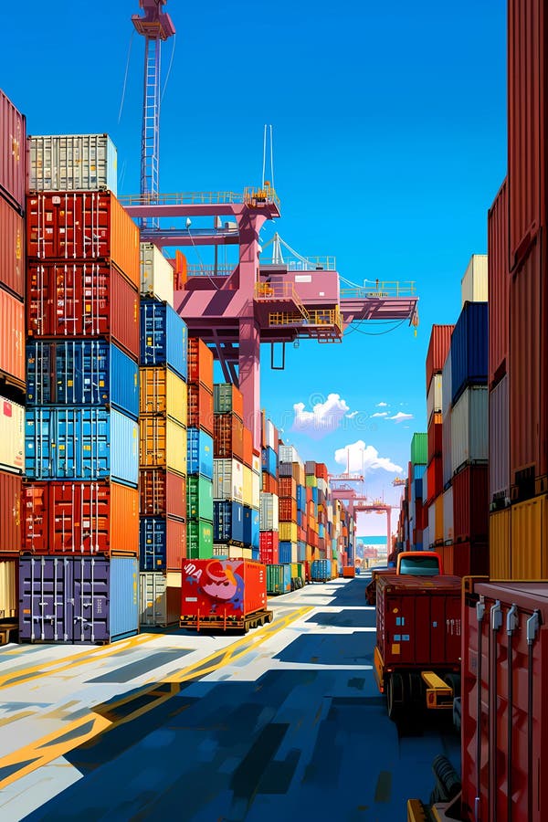 Illustration Overlooking a Commercial Port and Cargo Containers Stock ...