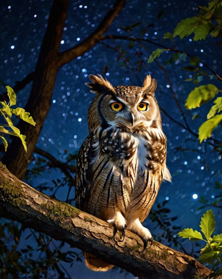 An Illustration of an Owl on a Green Leafy Tree Branch at Night ...