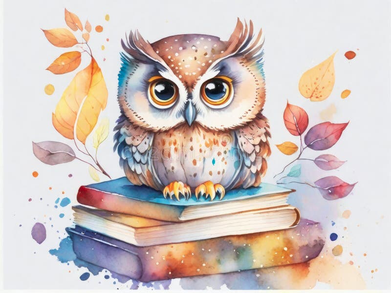 Illustration of an Owl Standing on Books in Watercolor Style Stock ...