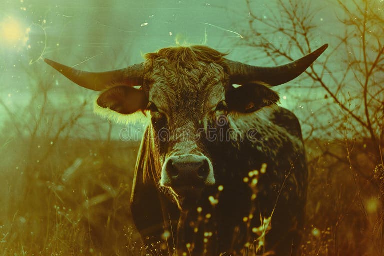 Illustration of Ox Standing Behind a Field and in Front of a Light ...