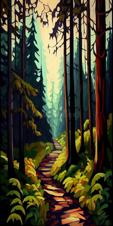 Illustration in a Painterly Style of a Forest Path Stock Image - Image ...