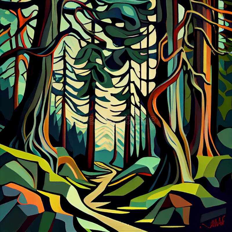 Illustration in a Painterly Style of a Forest Path Stock Image - Image ...