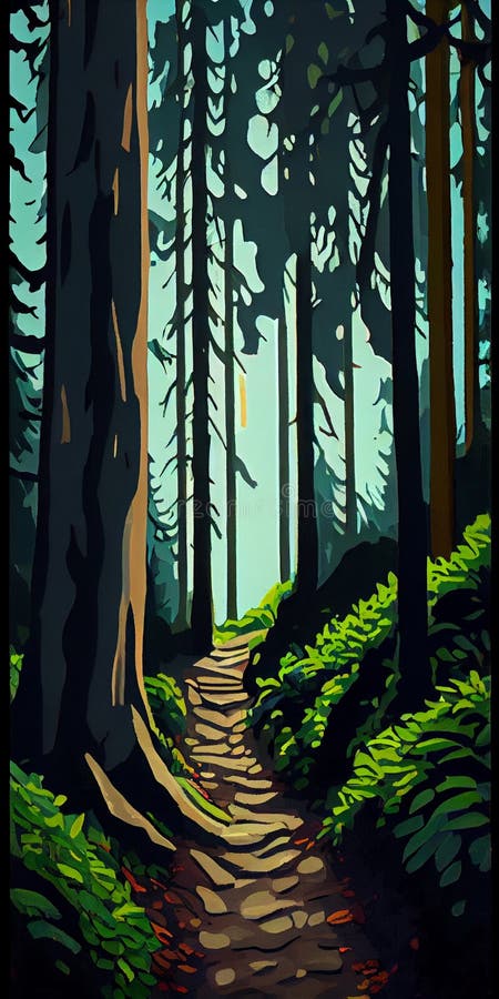 Illustration in a Painterly Style of a Forest Path Stock Illustration ...