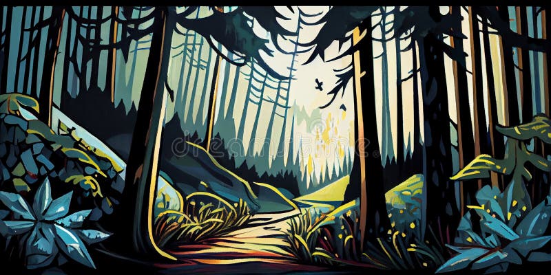 Illustration in a Painterly Style of a Forest Path Stock Image - Image ...