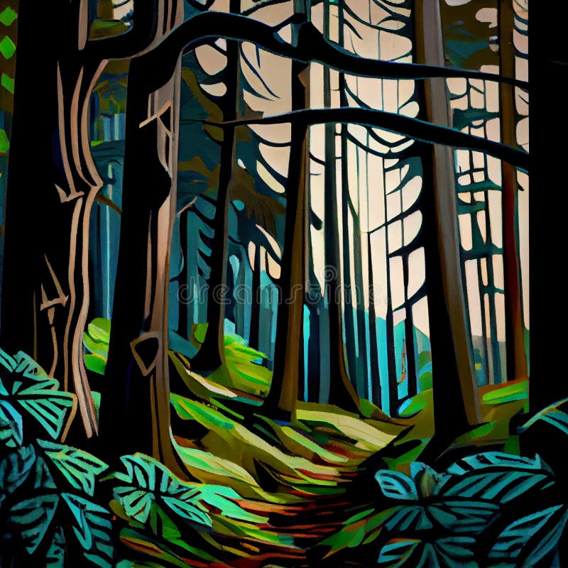 Illustration in a Painterly Style of a Forest Path Stock Photo - Image ...
