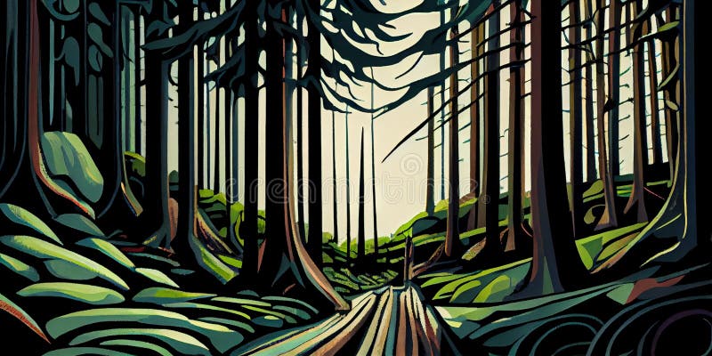 Illustration in a Painterly Style of a Forest Path Stock Photo - Image ...