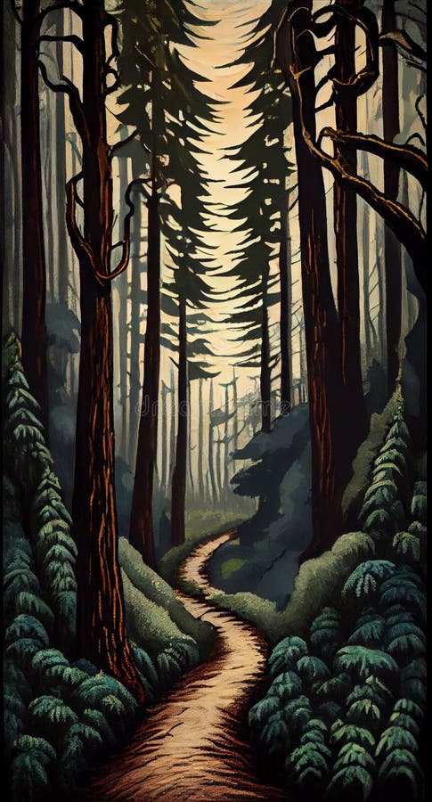 Illustration in a Painterly Style of a Forest Path Stock Illustration ...