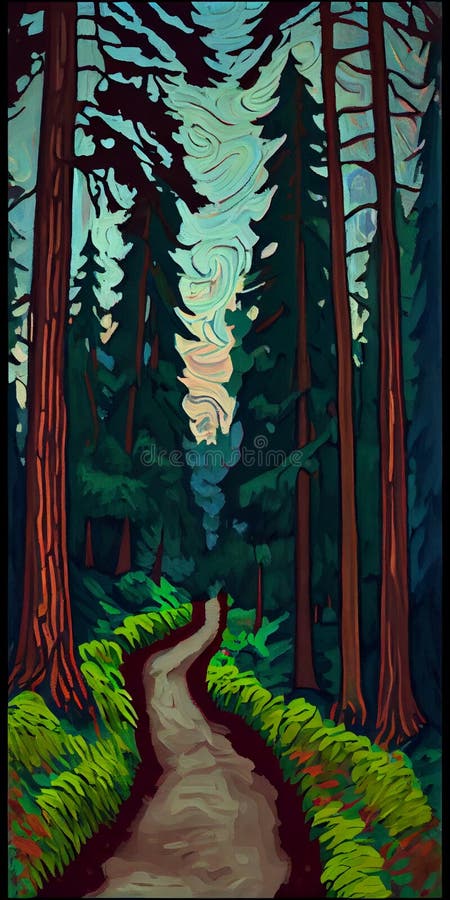 Illustration in a Painterly Style of a Forest Path Stock Photo - Image ...