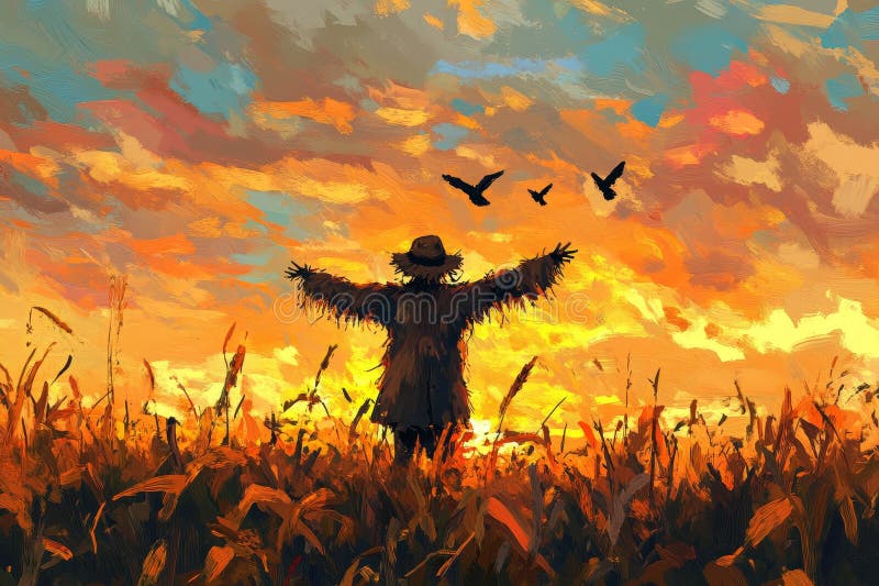 Illustration Painting of a Corn Field with a Scarecrow and a Sunset Sky ...