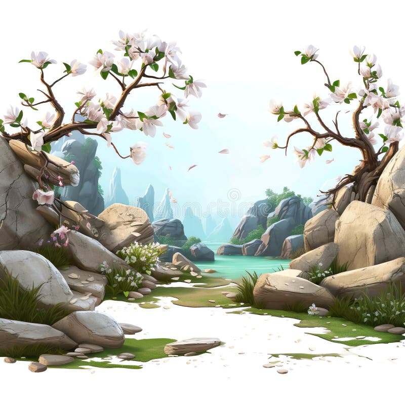 Illustration Painting of Landscape with Rock Tree and Lake View Stock ...