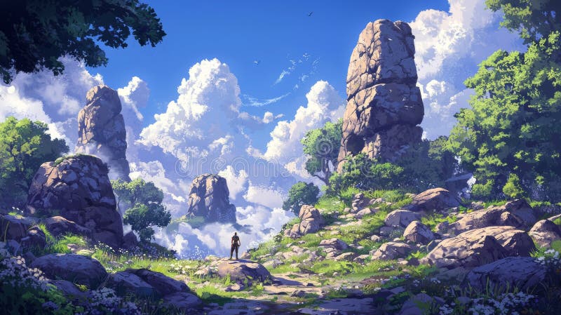 Illustration Painting of Man Standing on Rock in a World without ...