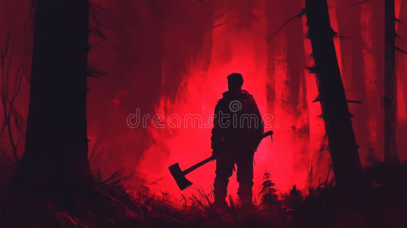 An Illustration Painting Shows a Man with Axes, Standing in the Forest ...