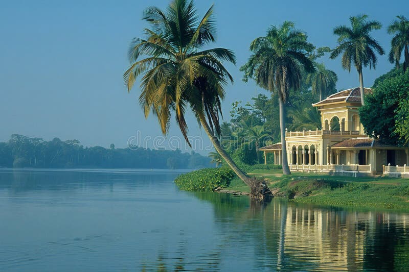 A Palm Tree and a House on the Edge of a Lake, High Quality, High ...