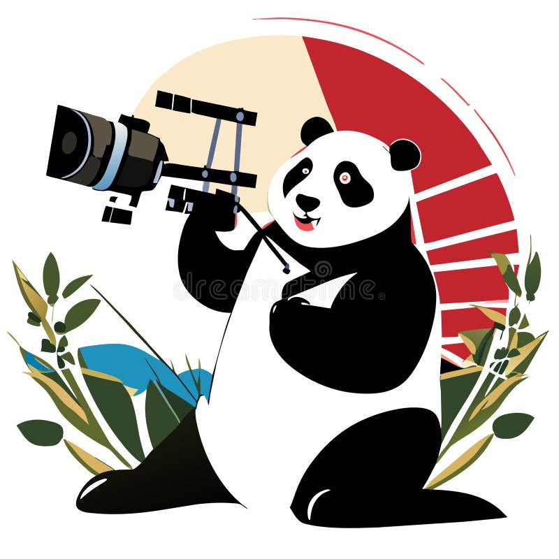 Panda with a Camera on a White Background, Vector Illustration ...