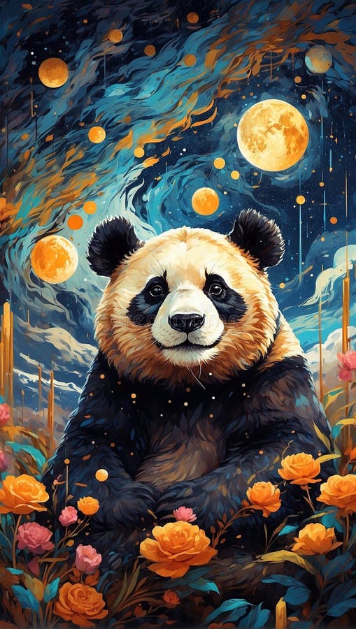 Illustration of a Panda in the Forest at Night with Full Moon Stock ...