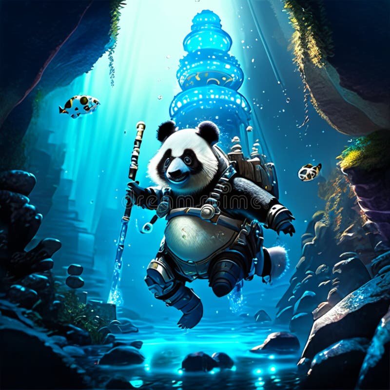 Illustration of a Panda in an Underwater Cave. 3D Rendering Stock ...