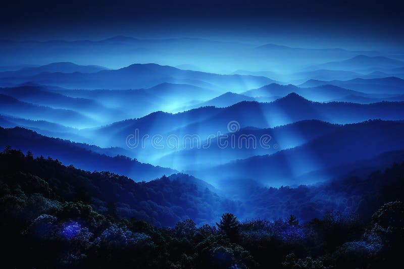 Panoramic Photo of Blue Ridge Mountains, Blue Light Rays, Black ...