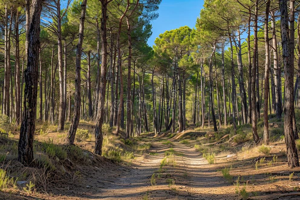 Illustration of Panoramic Photo of Pine Forest with Trees and a Path ...