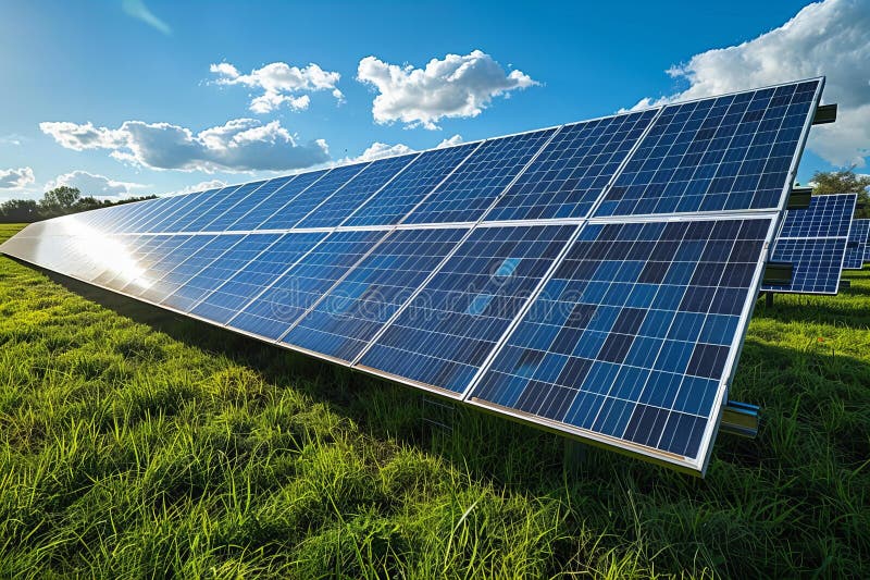 Illustration of Panoramic View of Solar Panels in an Open Field, with ...