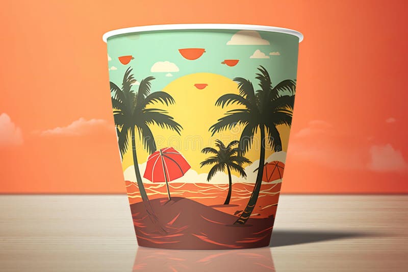 Illustration of a Paper Cup with a Picture of a Beach and Palm Trees ...
