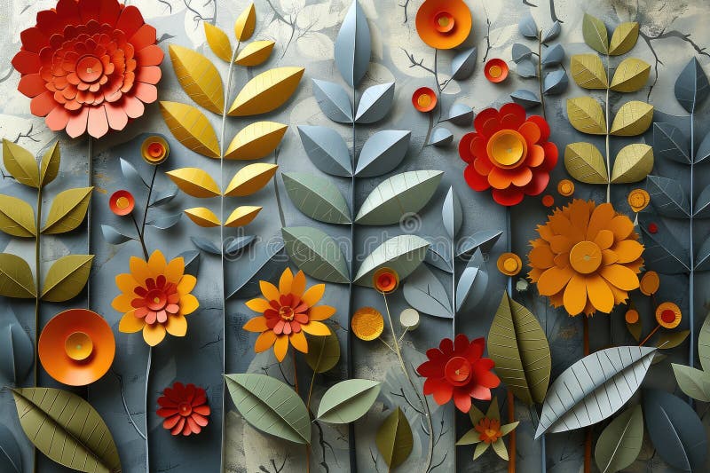 Illustration with Paper Flowers and Trees, Spring Floral Background ...