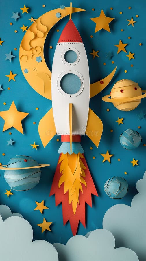Illustration of Paper Rocket in Space, with Clouds, Moon, Stars and ...