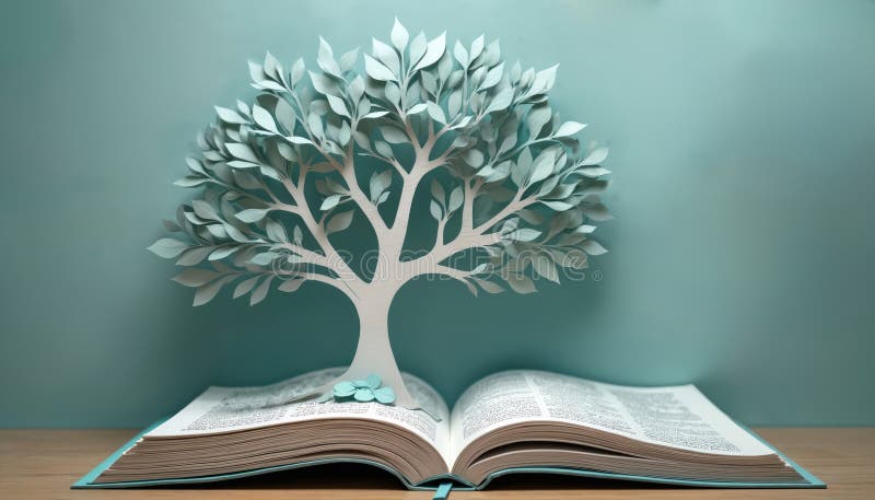 Illustration Paper Tree Growing from Open Book. Symbol of Knowledge ...