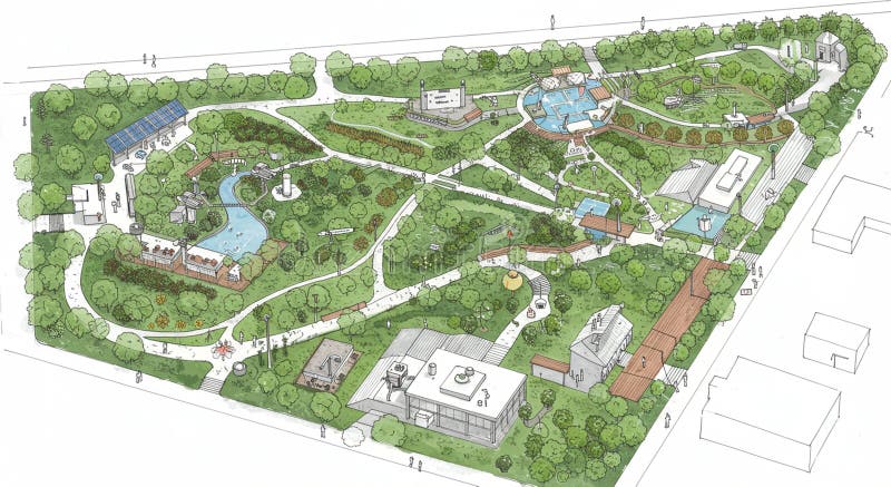 Illustration of a Park Design Featuring Various Amenities and Pathways ...