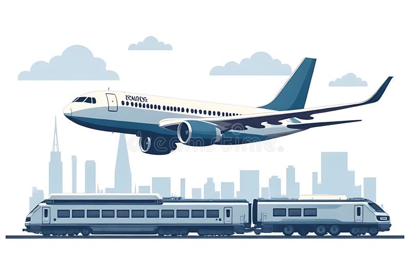 An Illustration of a Passenger Airplane Flying Over a Train and a City ...