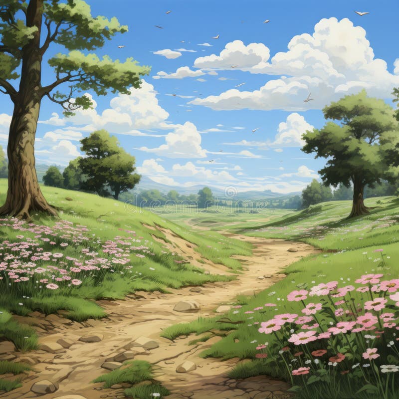 An Illustration of a Path in a Field with Flowers and Trees Stock ...