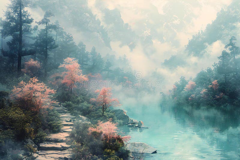 A Path Leads Down To the Lake in an Idyllic Forest Stock Illustration ...