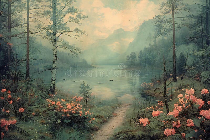 A Path Leads Down To the Lake in an Idyllic Forest Stock Illustration ...