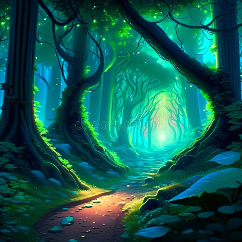 Illustration of a Path through a Mystical Green Forest with Glowing ...