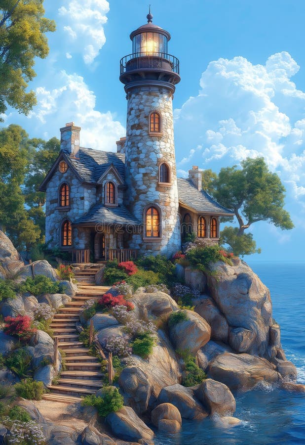 Illustration, a Path To a Lighthouse on a Rocky Island. Stock Photo ...