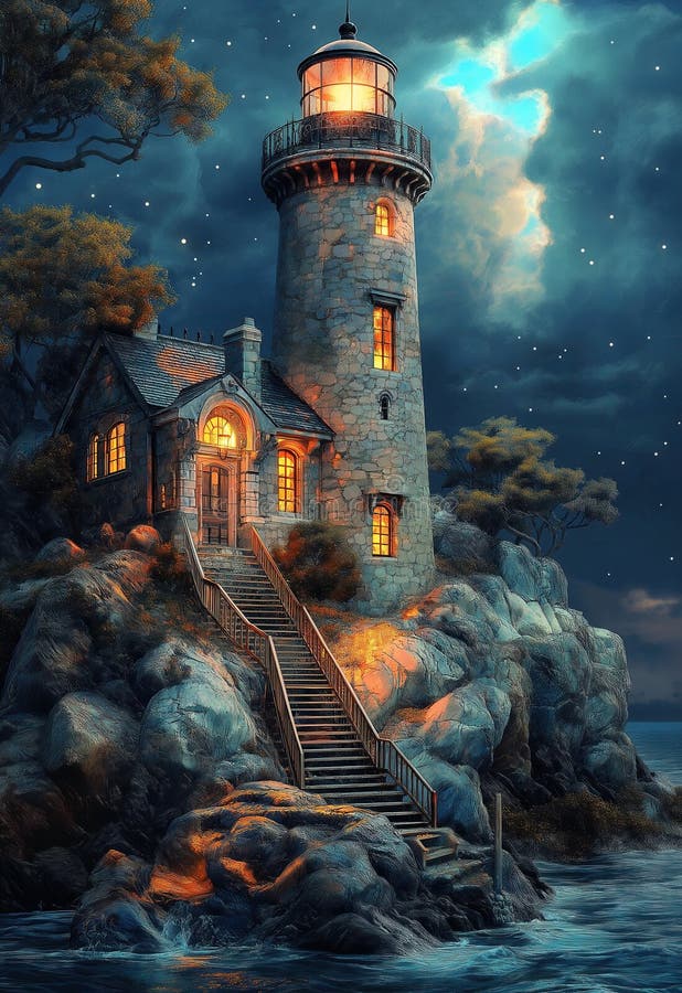 Illustration, a Path To a Lighthouse on a Rocky Island. Stock Image ...