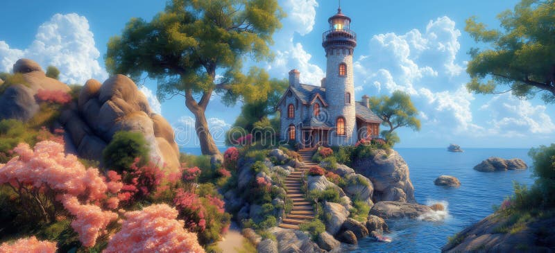 Illustration of a Path To a Lighthouse on a Rocky Island. Stock Photo ...